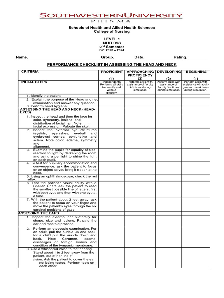 Performance Checklist in Assessing The Head and The Neck | PDF | Neck ...