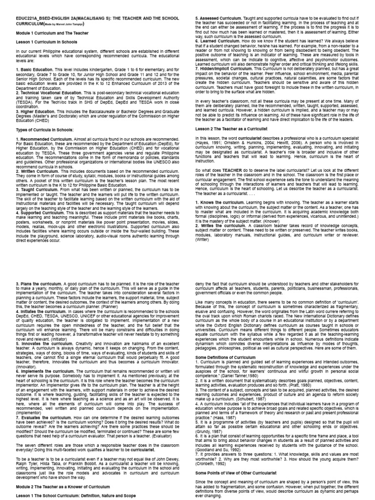 Understanding Philippine School Curricula | PDF | Curriculum | Teachers