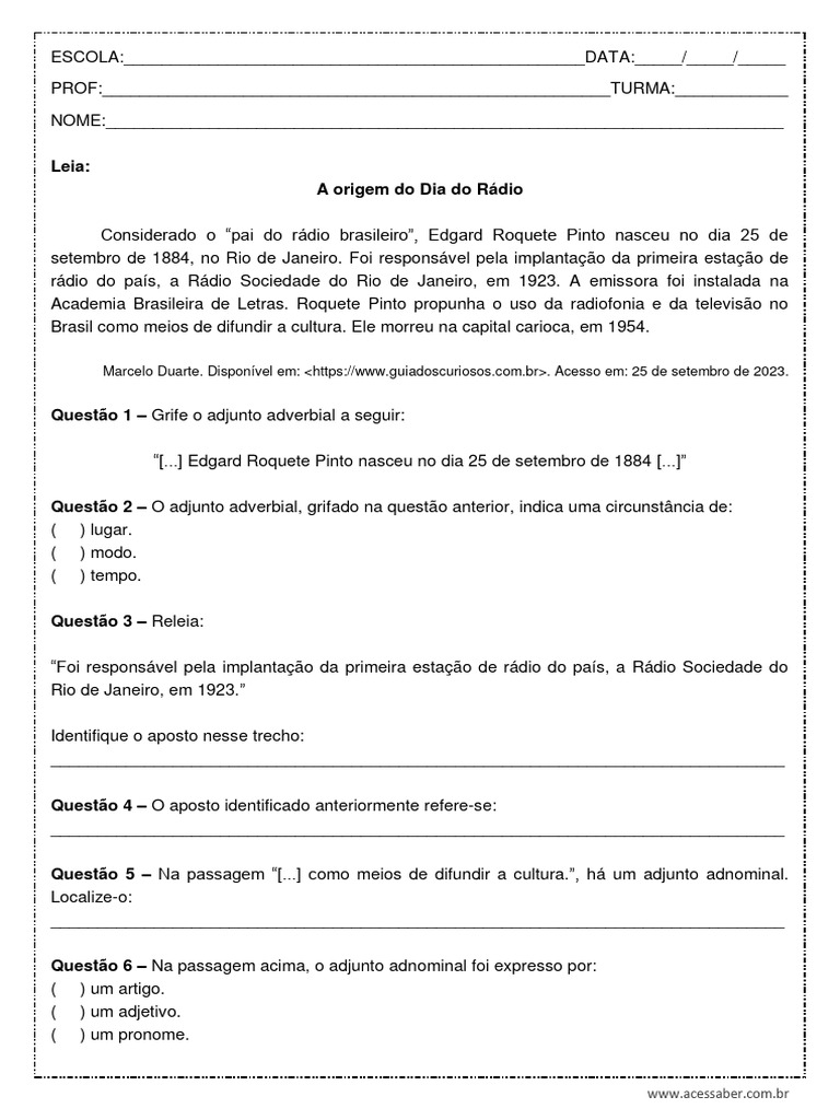 Atividade de Portugues Termos Acessorios Da Oracao 1o Ano Do Ensino ... Atividade de Portugues Termos Acessorios Da Oracao 1o Ano Do Ensino ...