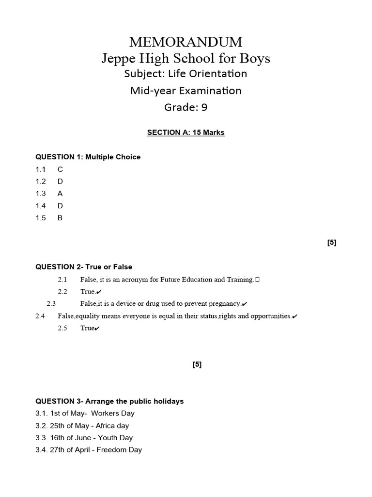 Memo of Grade 9 LO Exam Term 2 - 2018 | PDF | Sexually Transmitted ...