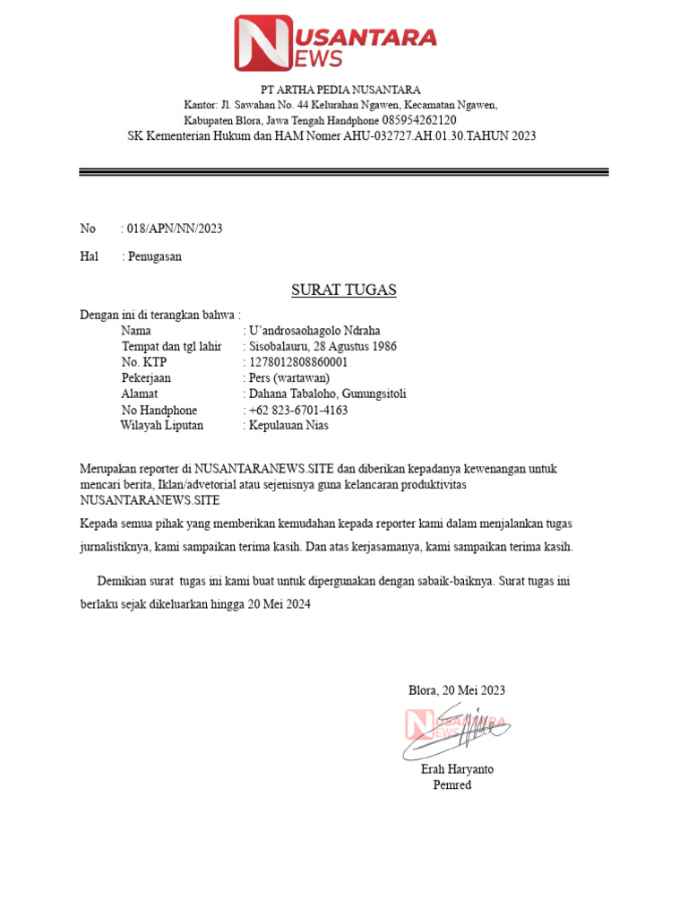 Contoh Surat Tugas Wartawan 11 | PDF