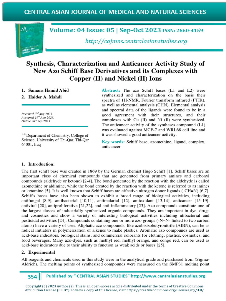Synthesis, Characterization and Anticancer Activity Study of New Azo Schiff Base Derivatives and ...
