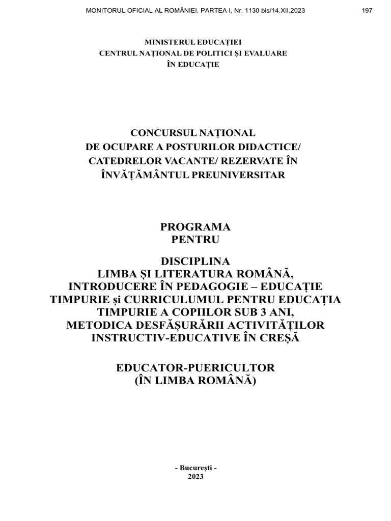 Programa Titularizare Educator Puericultor | PDF