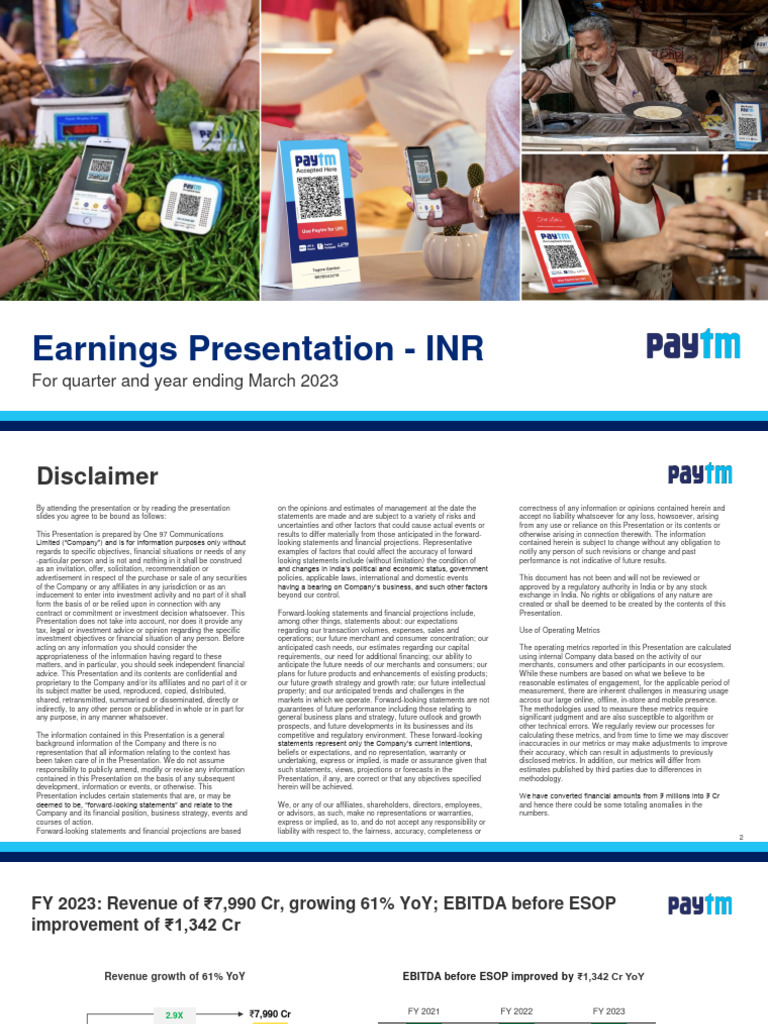 Paytm Q4 FY23 Earnings Presentation INR | PDF | Economies | Money