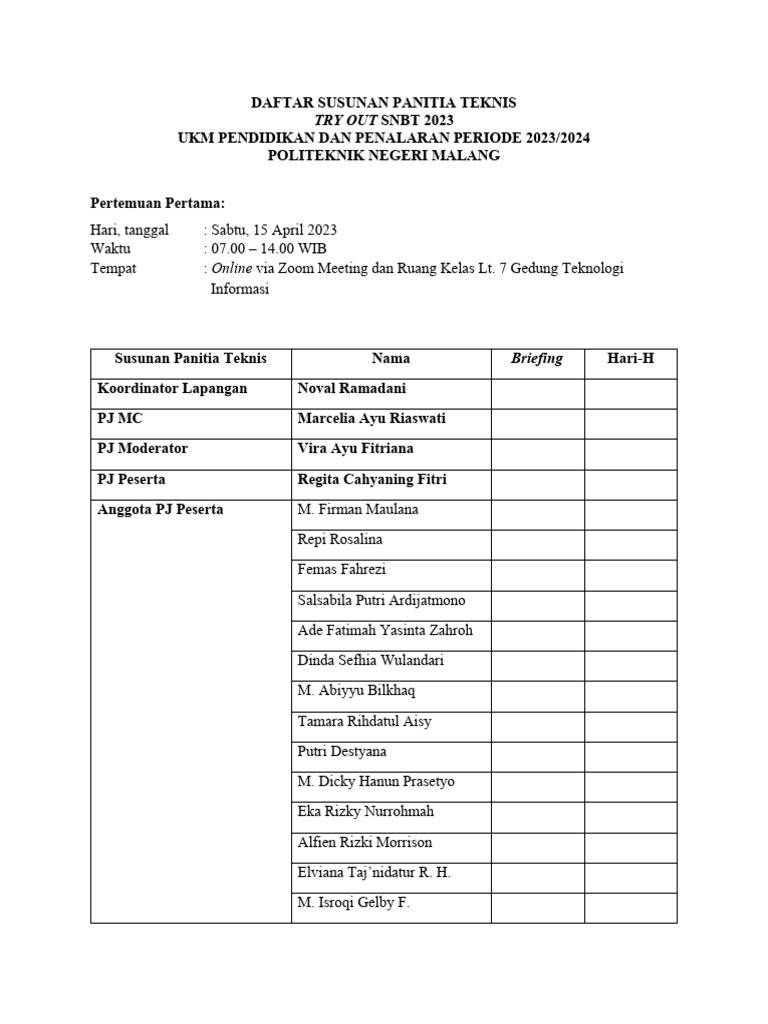 Panitia Teknis Try Out SNBT 2023 | PDF