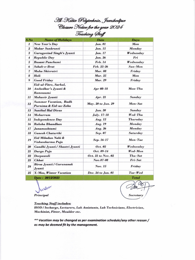 Leave 2024-Teaching Staff | PDF