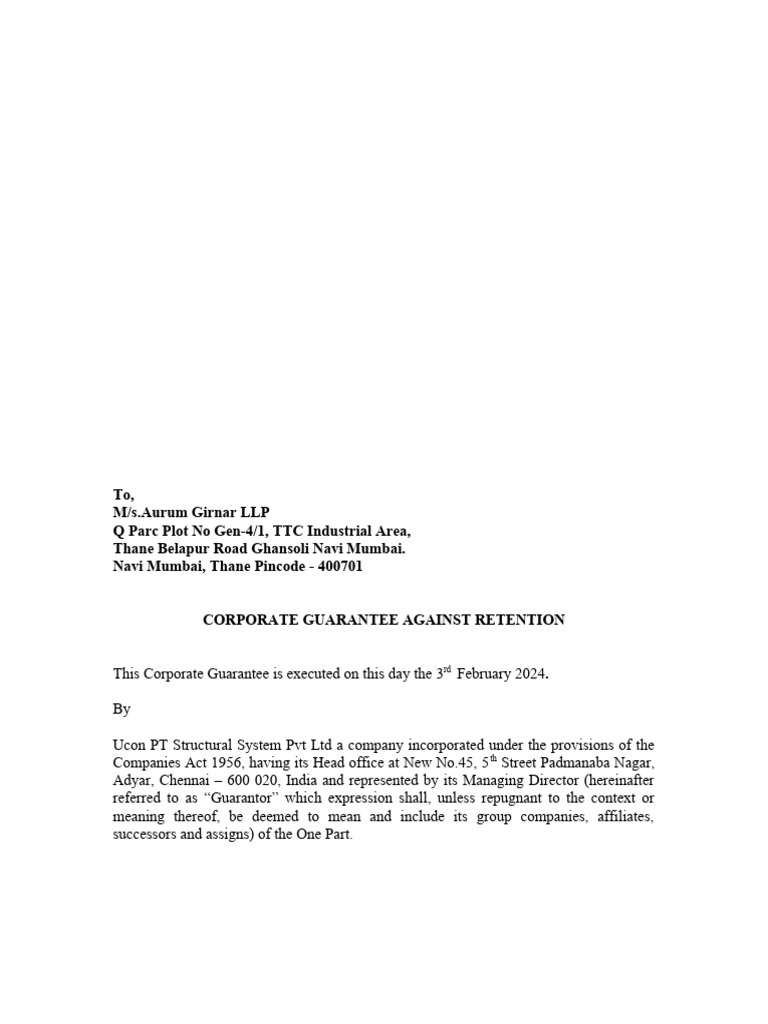 Aurum Girnar LLP Galleria Retention Corporate Guarantee | PDF | Surety ...
