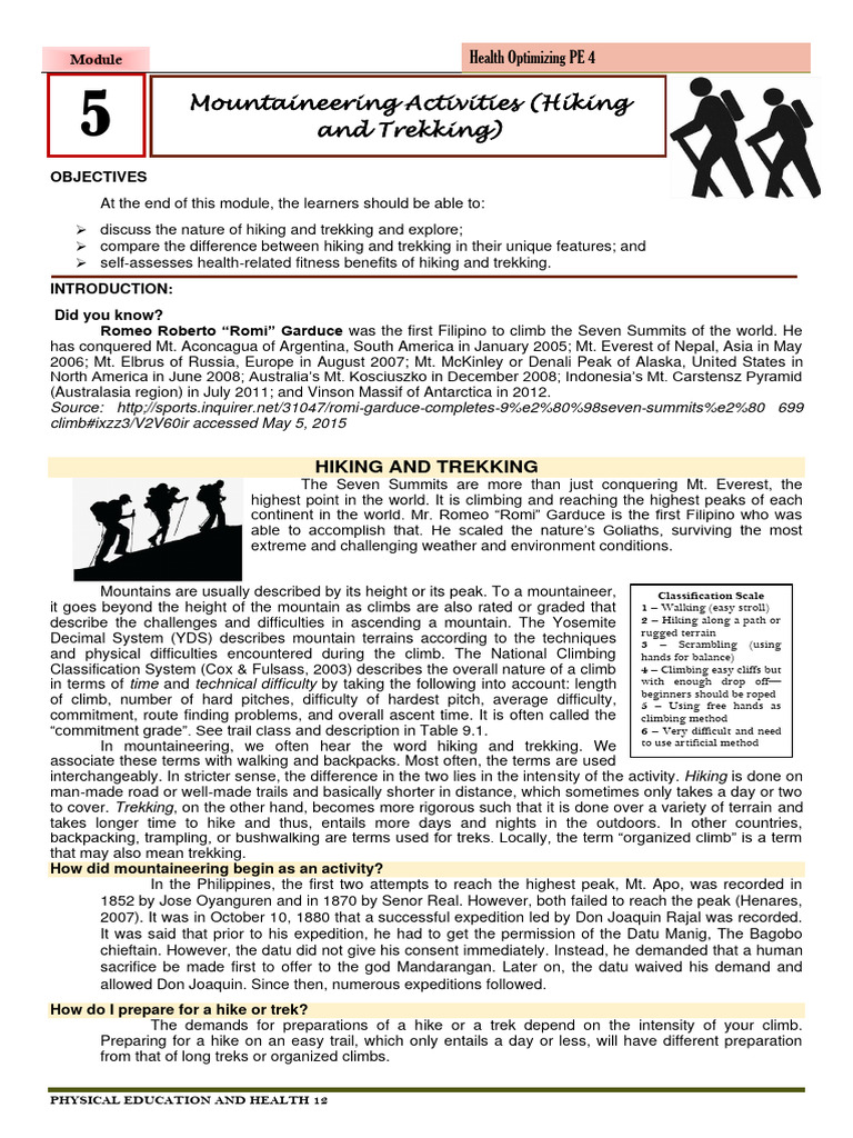 PE 12 Module 5 Mountaineering | PDF | Adventure Travel | Outdoor Recreation