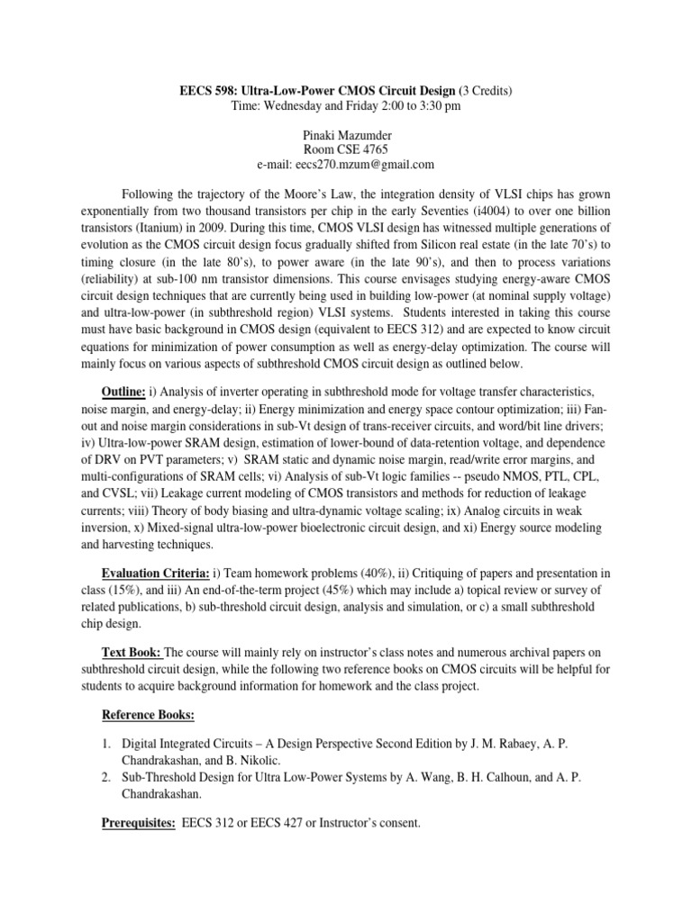 EECS 598 Sub-Vt CMOS Design | PDF
