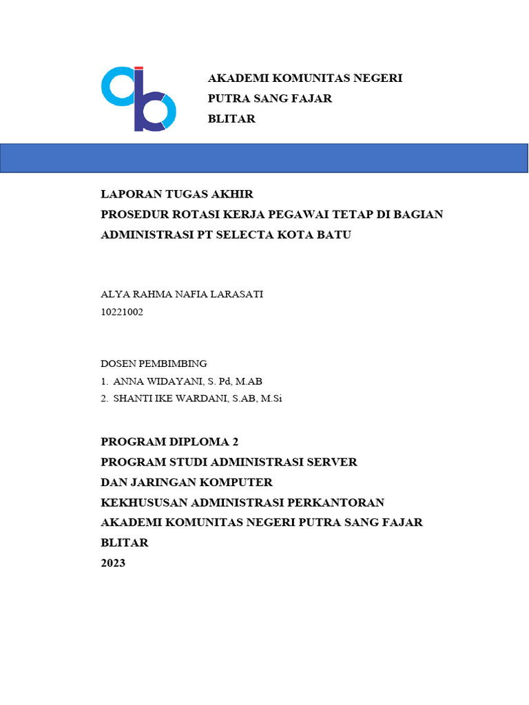 Laporan Tugas Akhir (ALYA RAHMA - 10221002) | PDF