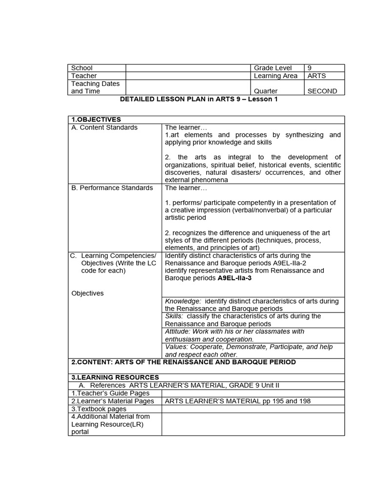 ARTS Grade 9 - Lesson 1 | Download Free PDF | Renaissance | Baroque