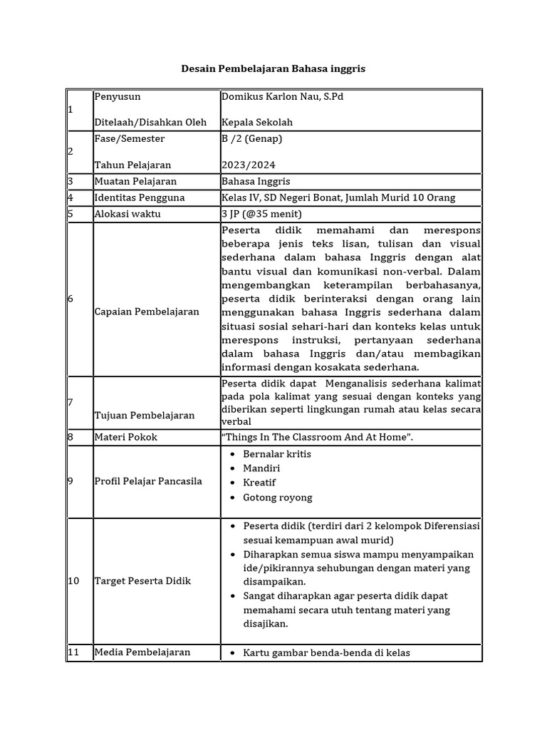 Contoh Format Desain Pembelajaran 2024 | PDF