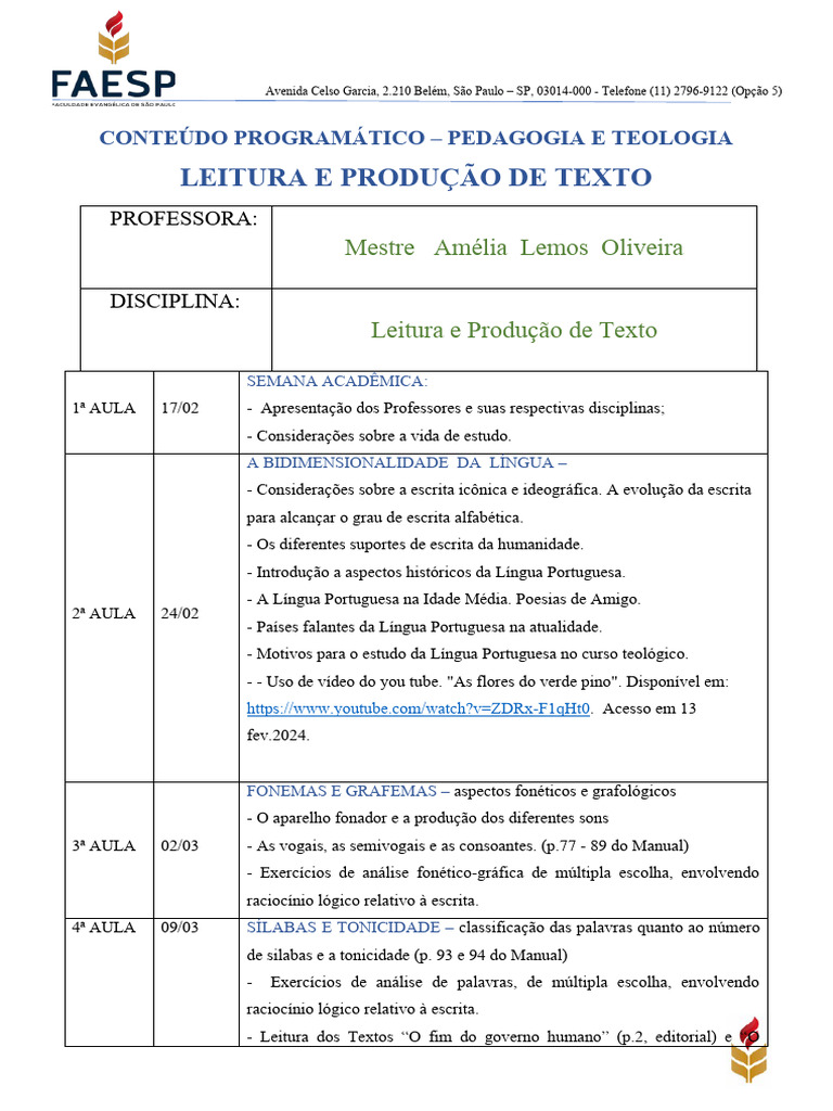 Conteudo Programatico-2024 Leitura e Producao de Texto - Integral | PDF ...
