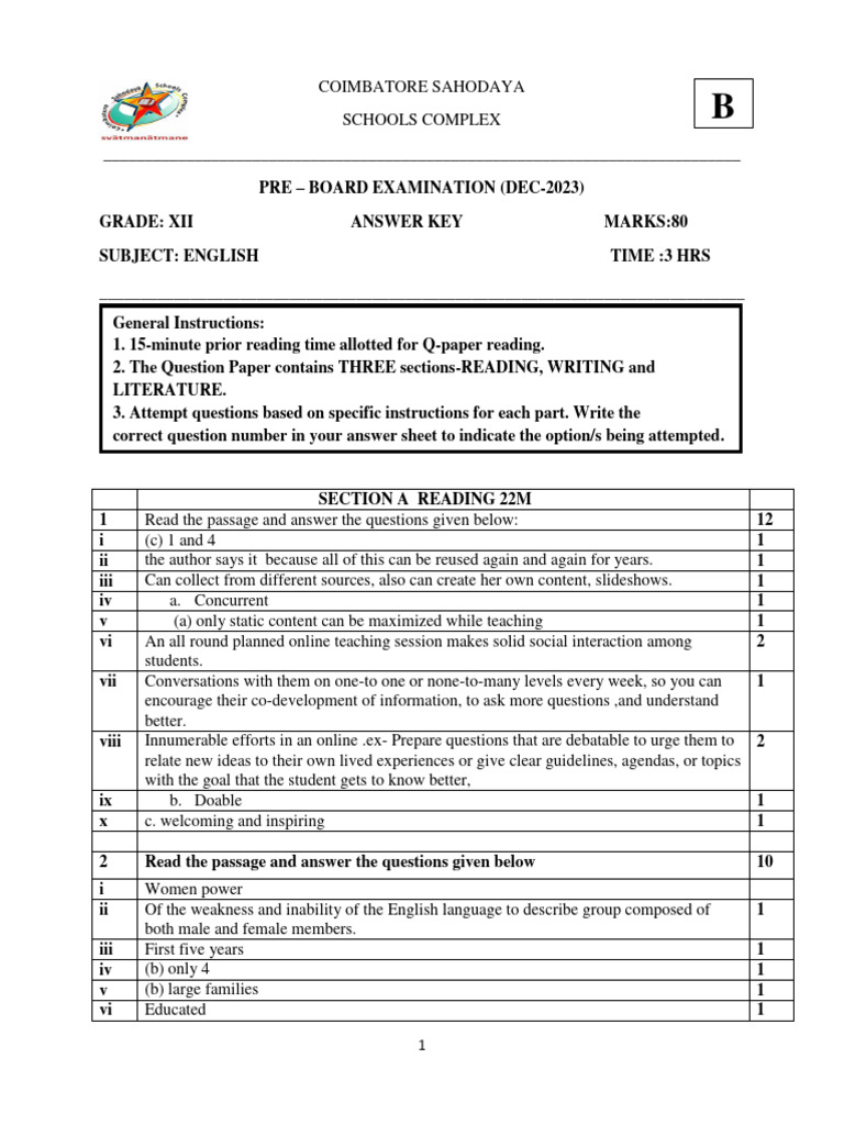 18 Cbessc Xii Eng Preboard Ms Set B 2023 24 Pdf 