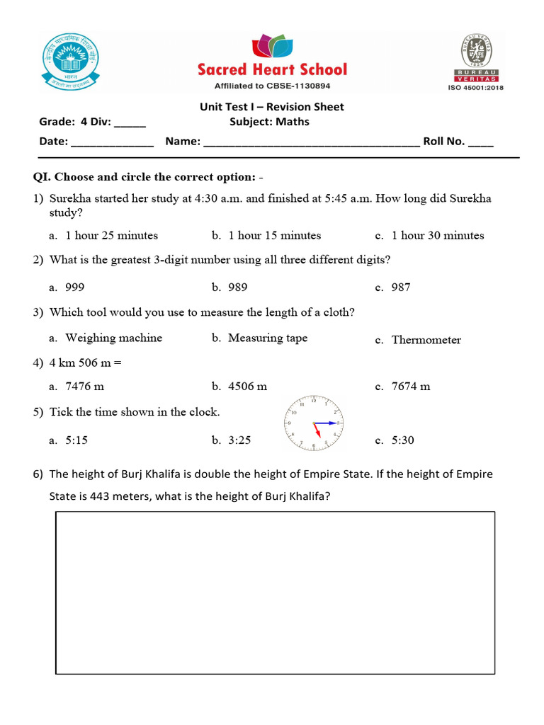 Grade 4 Maths Revision Sheet | PDF