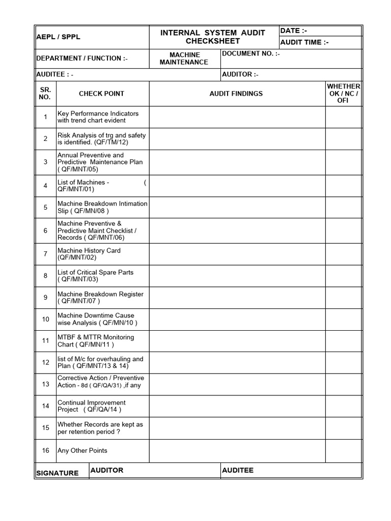 Internal Audit Checklist for Machine Maintenance | PDF | Audit ...