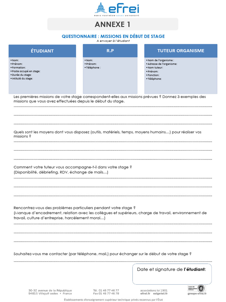 Questionnaire Missions en Début de Stage | PDF