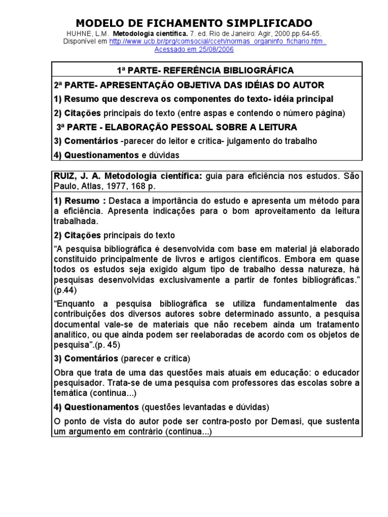 Modelo de Fichamento Simplificado | Citação | Realidade