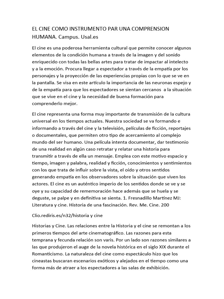 El Cine Como Instrumento Par Una Comprension Humana | PDF