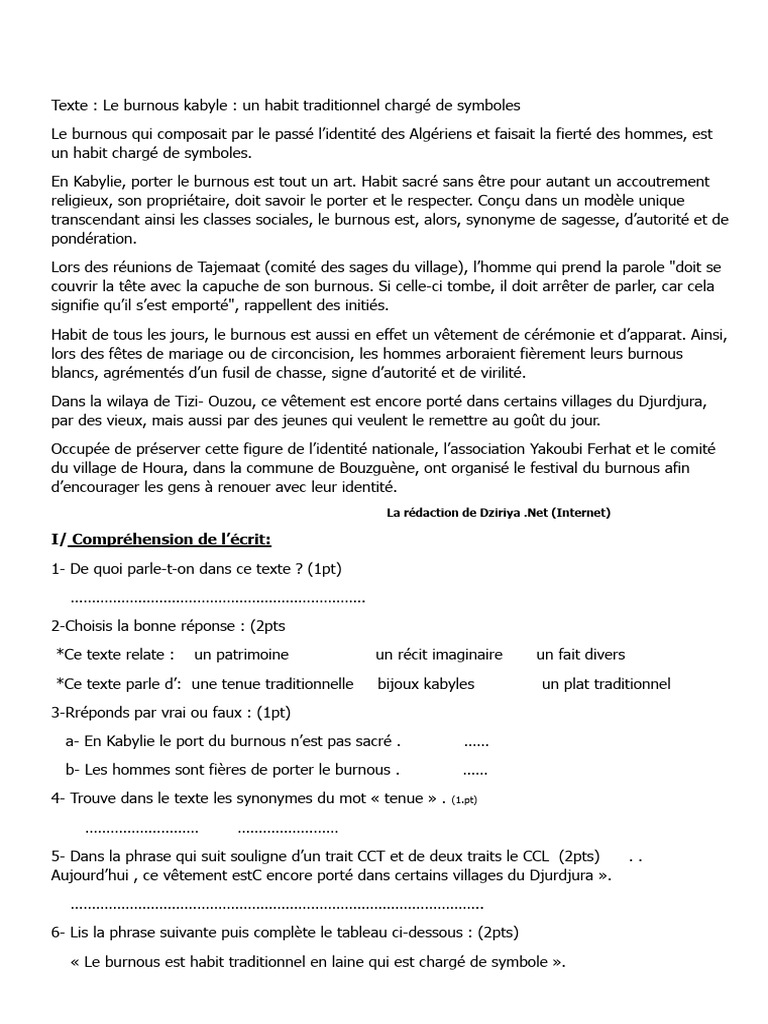 Le burnous kabyle : symbole et tradition | PDF | Phrase