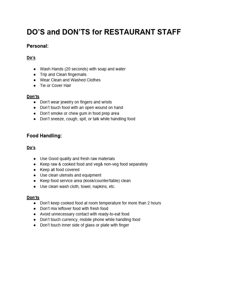DO'S and DON'TS For RESTAURANT STAFF | PDF
