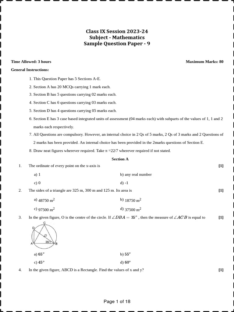 Class IX Session 2023-24 Subject - Mathematics Sample Question Paper ...