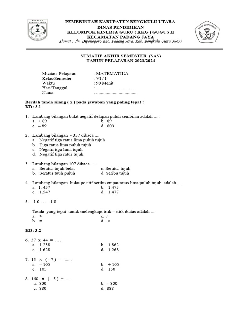 Soal MTK Kelas 6 | PDF