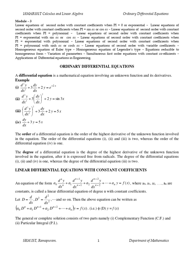 Unit 3 - Ordinary Differential Equations | PDF | Equations ...