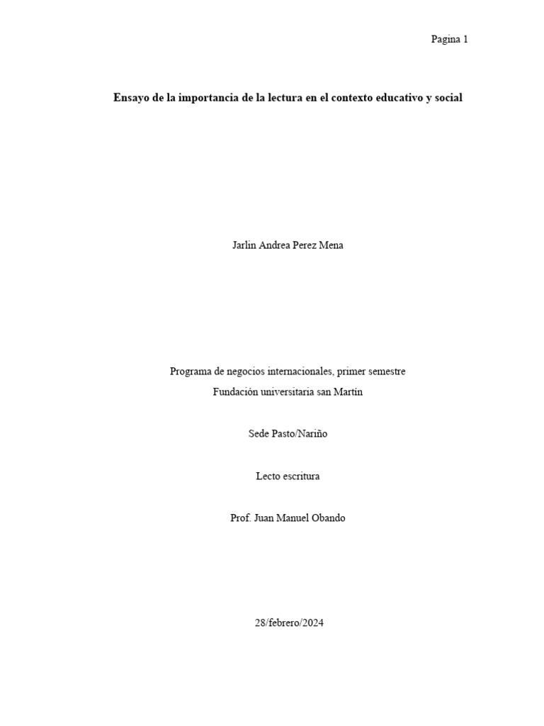 Ensayo de La Importancia de La Lectura en El Contexto Educativo y Social Lecto Escritura | PDF ...
