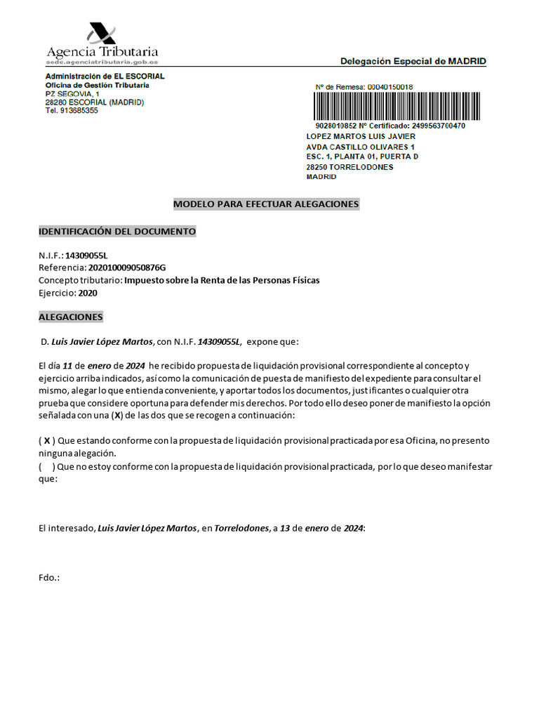 Modelo para Efectuar Alegaciones 202010009050876g | PDF