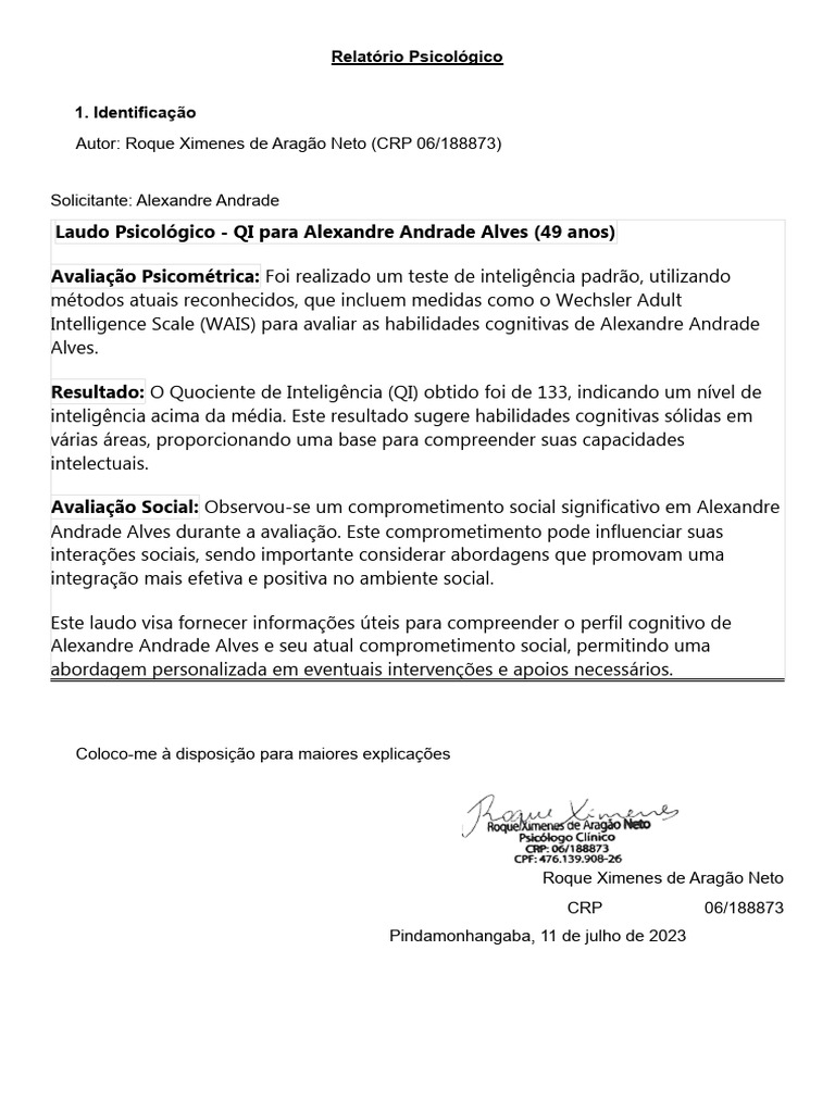 Laudo Psicológico: QI de Alexandre Alves | PDF