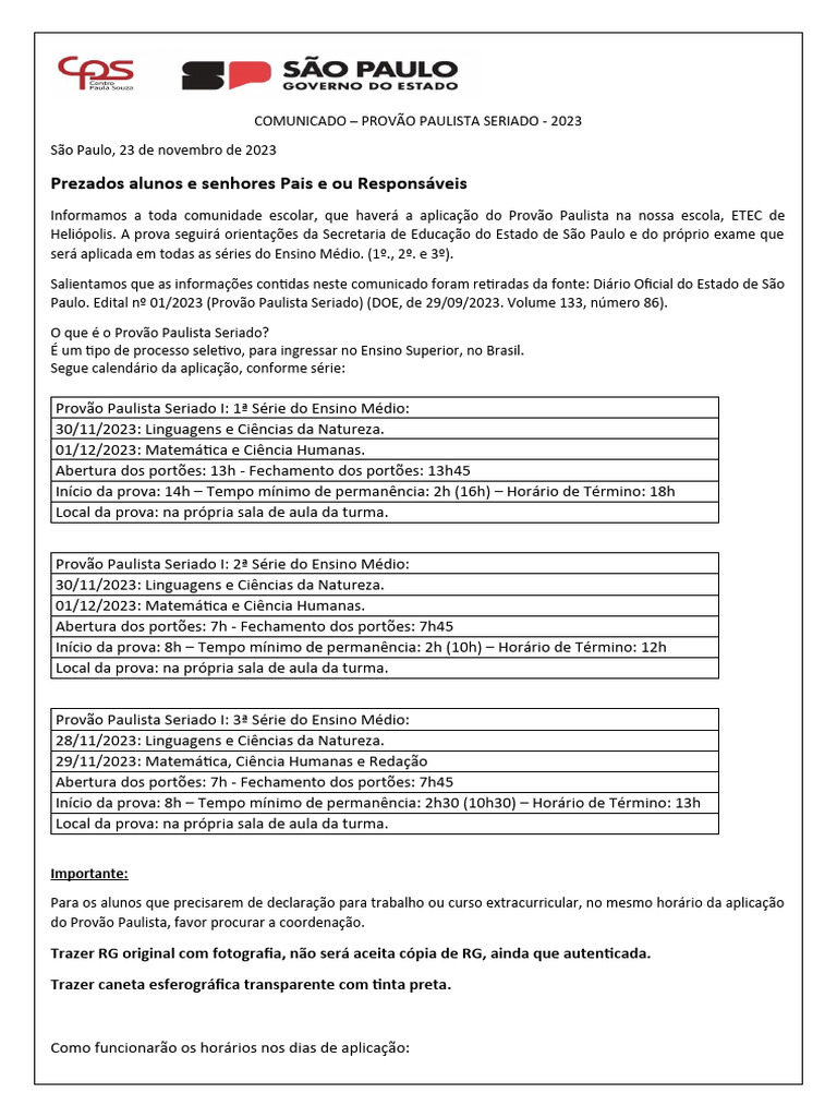 Comunicado Prova Paulista | PDF | Science