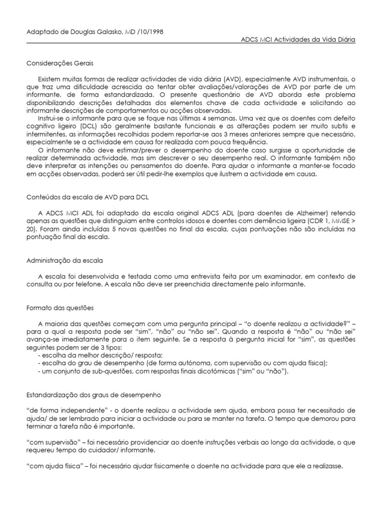 Instruções ADCS MCI ADL | PDF | Demência | Tempo