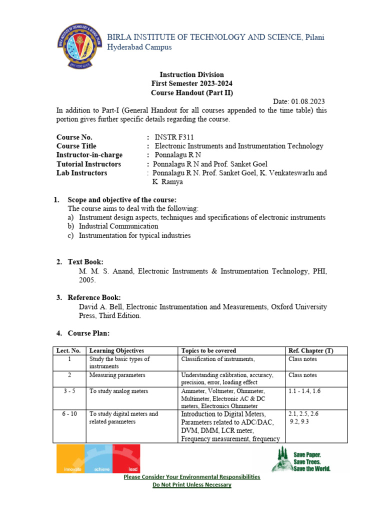 INSTR F311 Electronic Instrumentation InstrumentionTechonolgy Handout - Ponnalagu | PDF