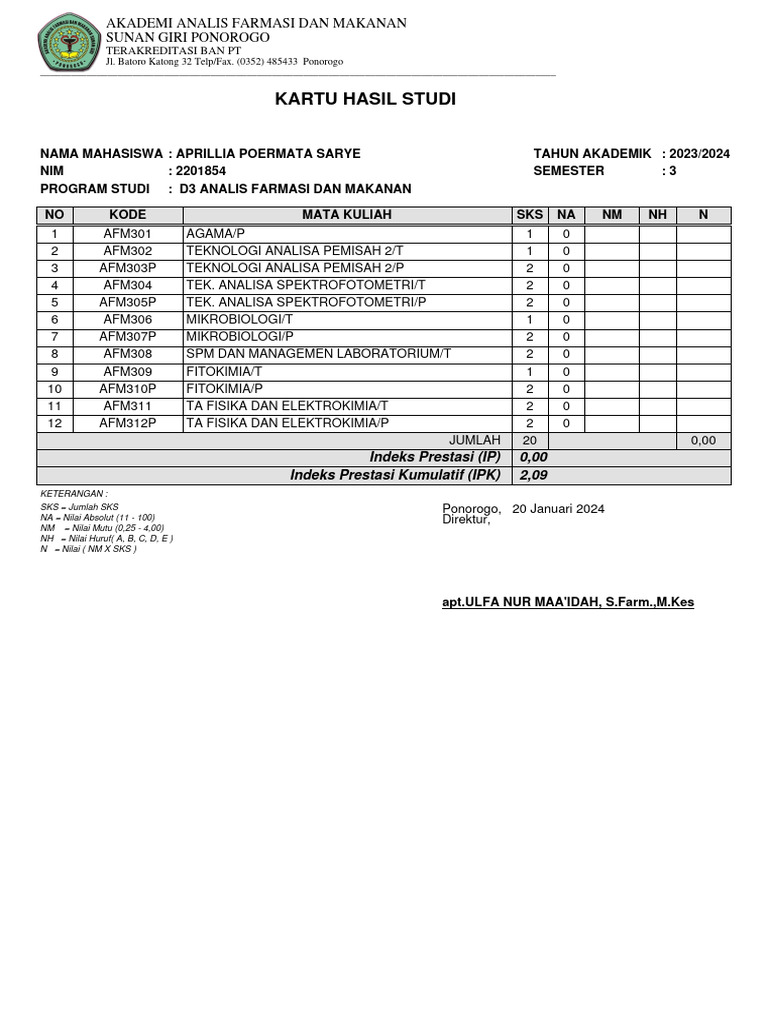 Kartu Hasil Studi Semester 3 | PDF