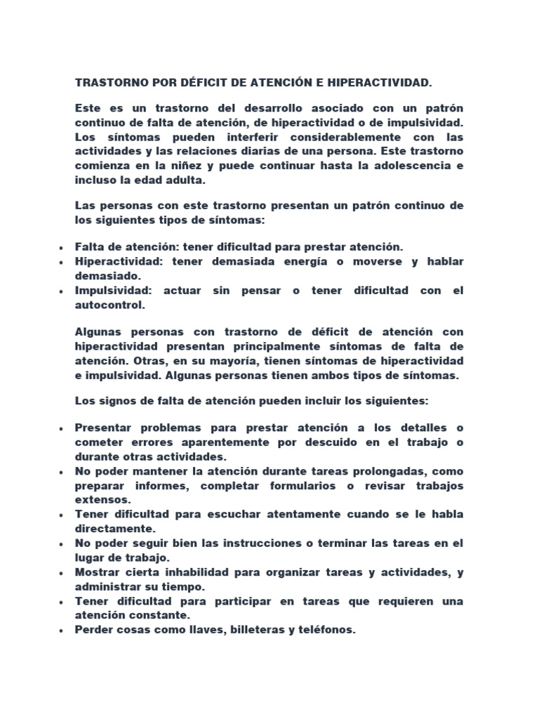 Trastorno Por Déficit de Atención e Hiperactividad | PDF | Desorden hiperactivo y deficit de ...