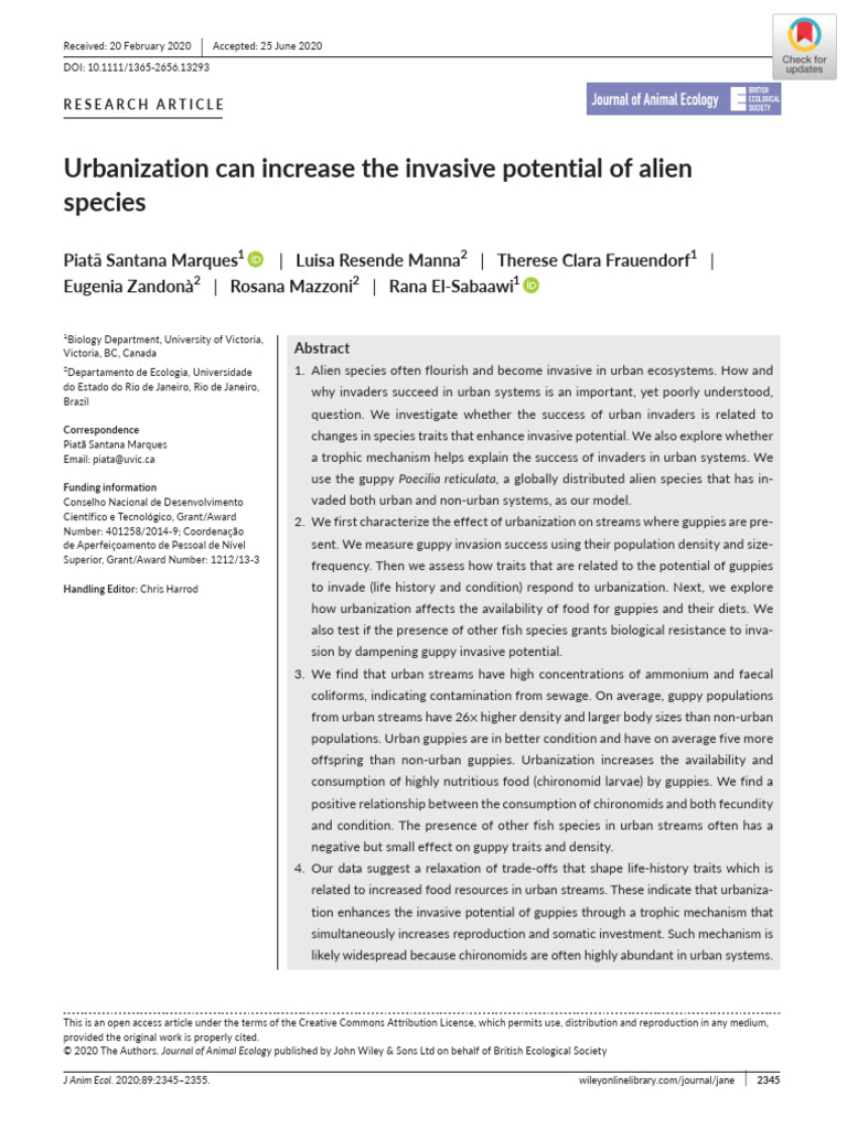 Piatã Marques 2020 Urbanization Increases The Invasive Potential of Alien Species | PDF ...