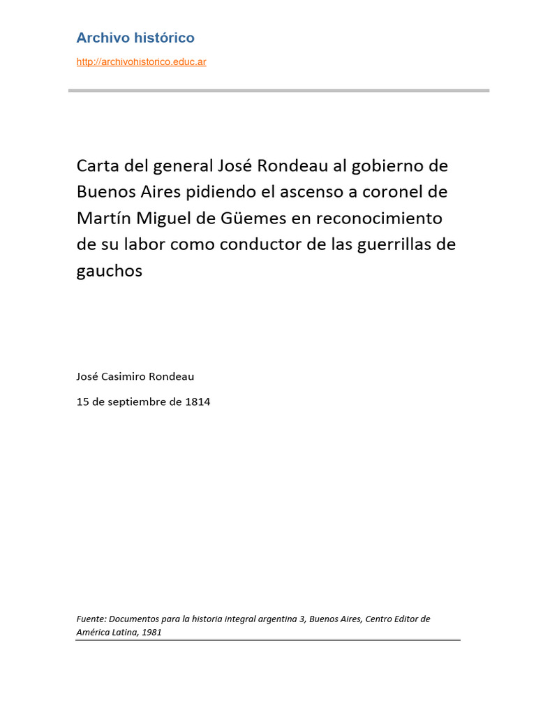 Carta de Rondeau para Que Güemes Sea Coronel | PDF | Conflictos del ...