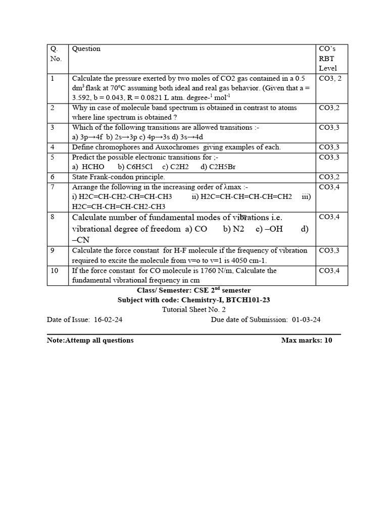 Chemistry-I Tutorial: Gas Laws & Spectroscopy | PDF