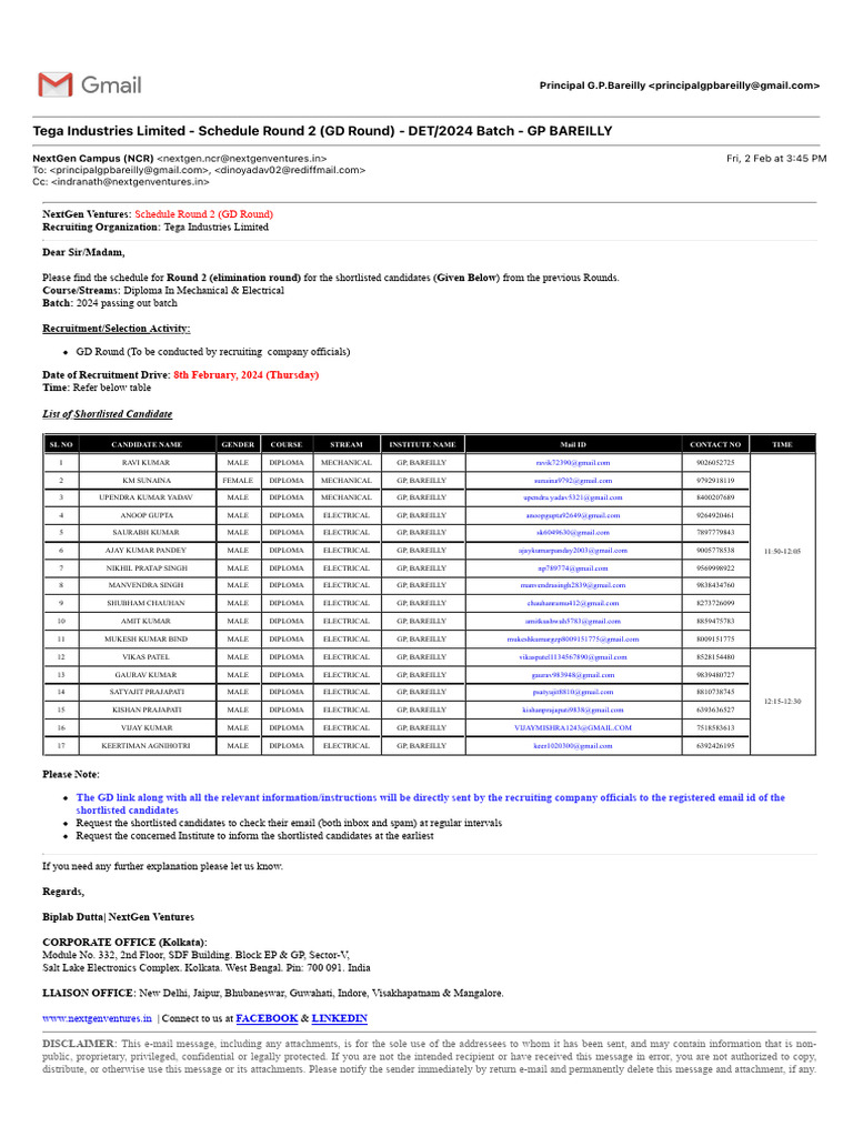Tega Industries GD Round Schedule 2024 | PDF