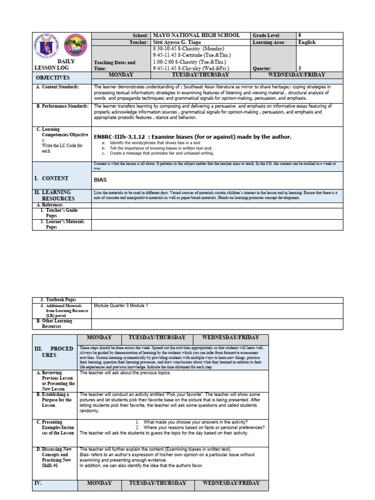 Daily Lesson Log Grade 8 | PDF | Bias | Learning