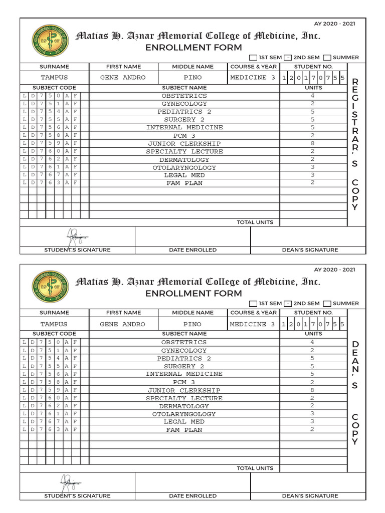 MHAM Enrollment Form 2020-2021 | PDF | Medical School | Medicine