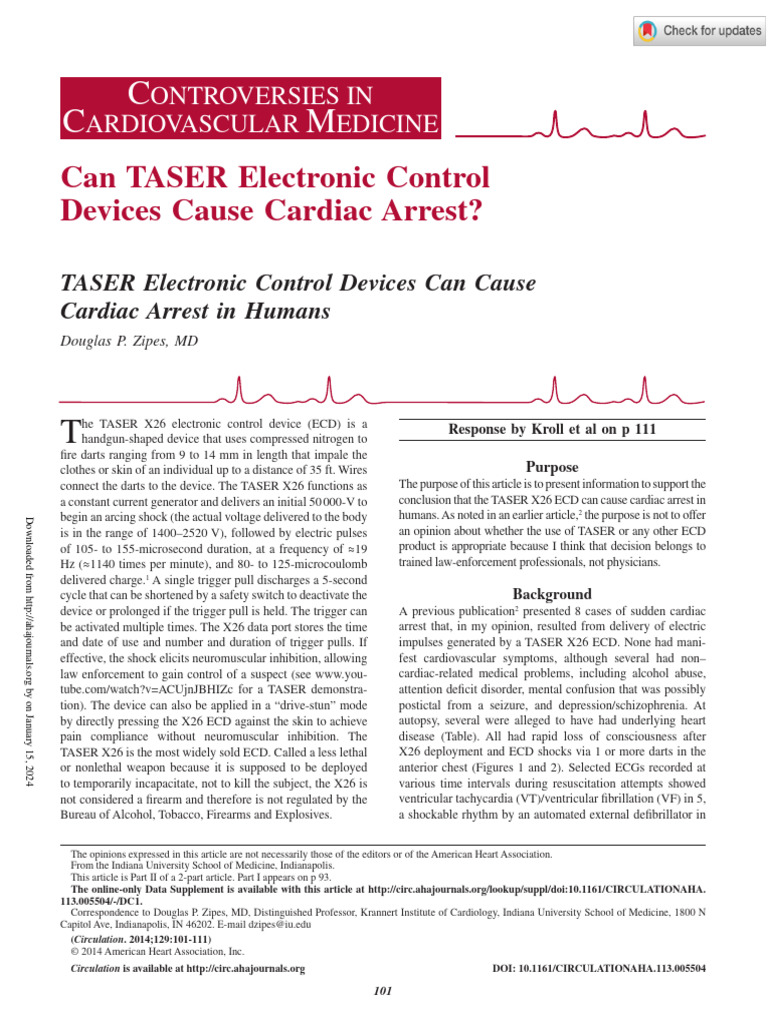 Zipes 2014 Taser Electronic Control Devices Can Cause Cardiac Arrest in Humans | PDF | Taser ...