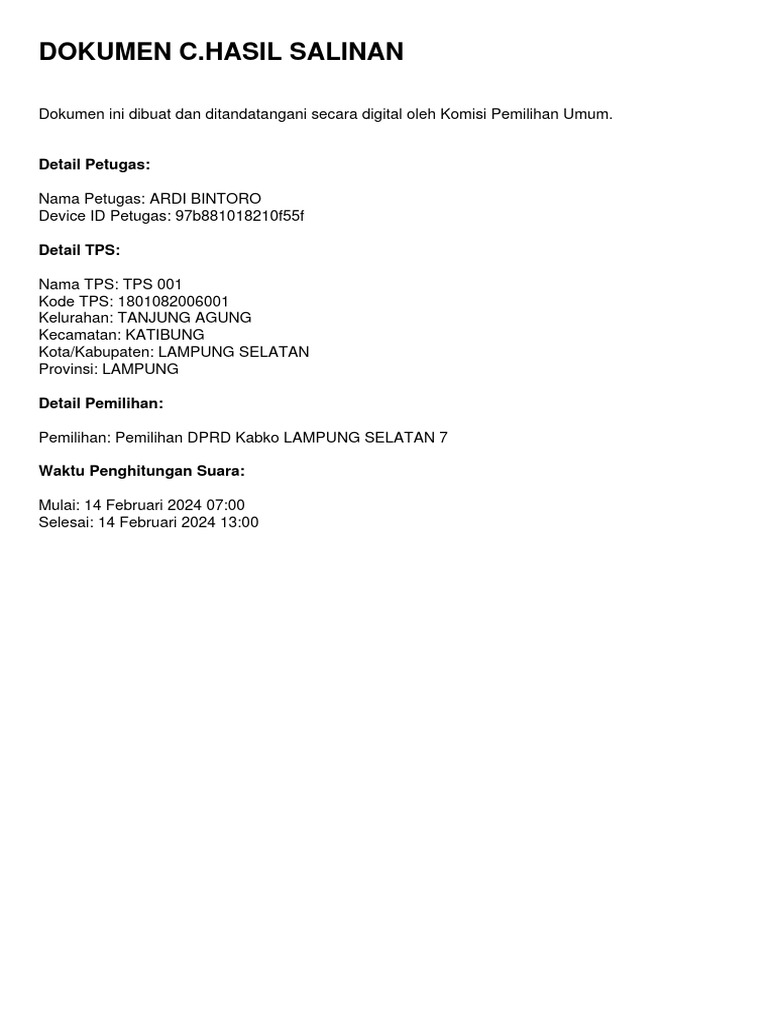 DPRD Kab Tanjung Agung TPS 01 | PDF