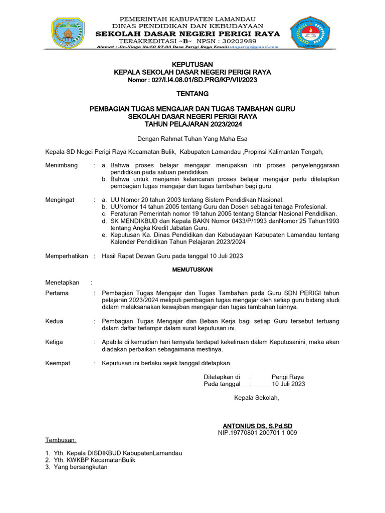 Pembagian Tugas Guru SDN Perigi Raya 2023 | PDF