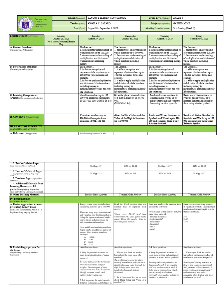 Grade 4 Math Lesson Plan: Whole Numbers | PDF