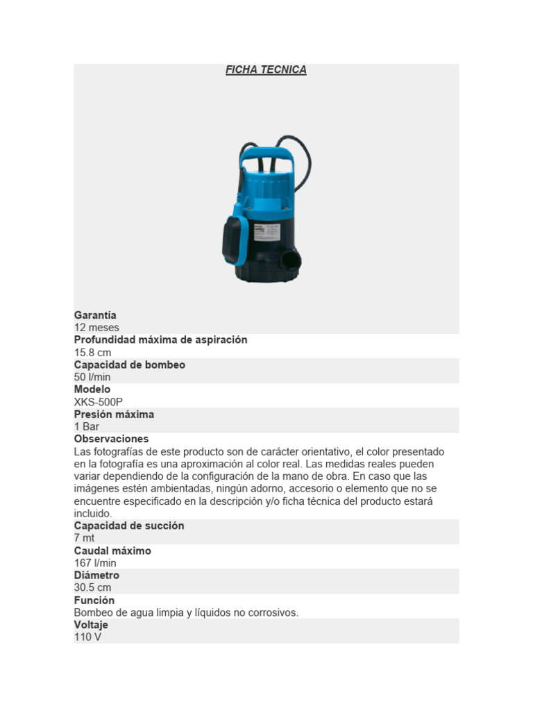 Ficha Tecnica Bomba Sumergible | PDF