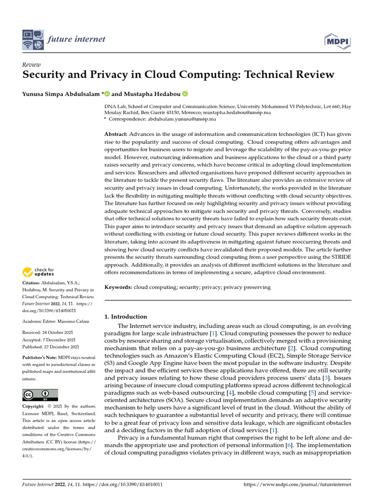 Futureinternet 14 00011 | PDF | Cloud Computing | Security