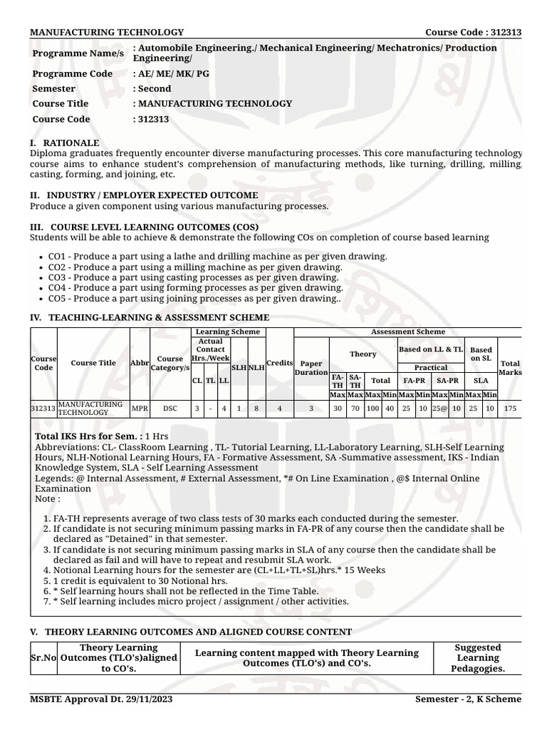 Manufacturing Technology Course Guide | PDF