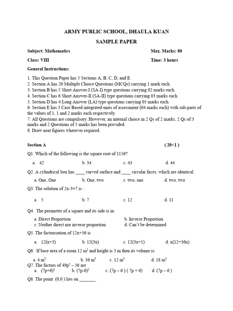 Maths Sample Paper - Class 8 APS DK | Download Free PDF | Area ...